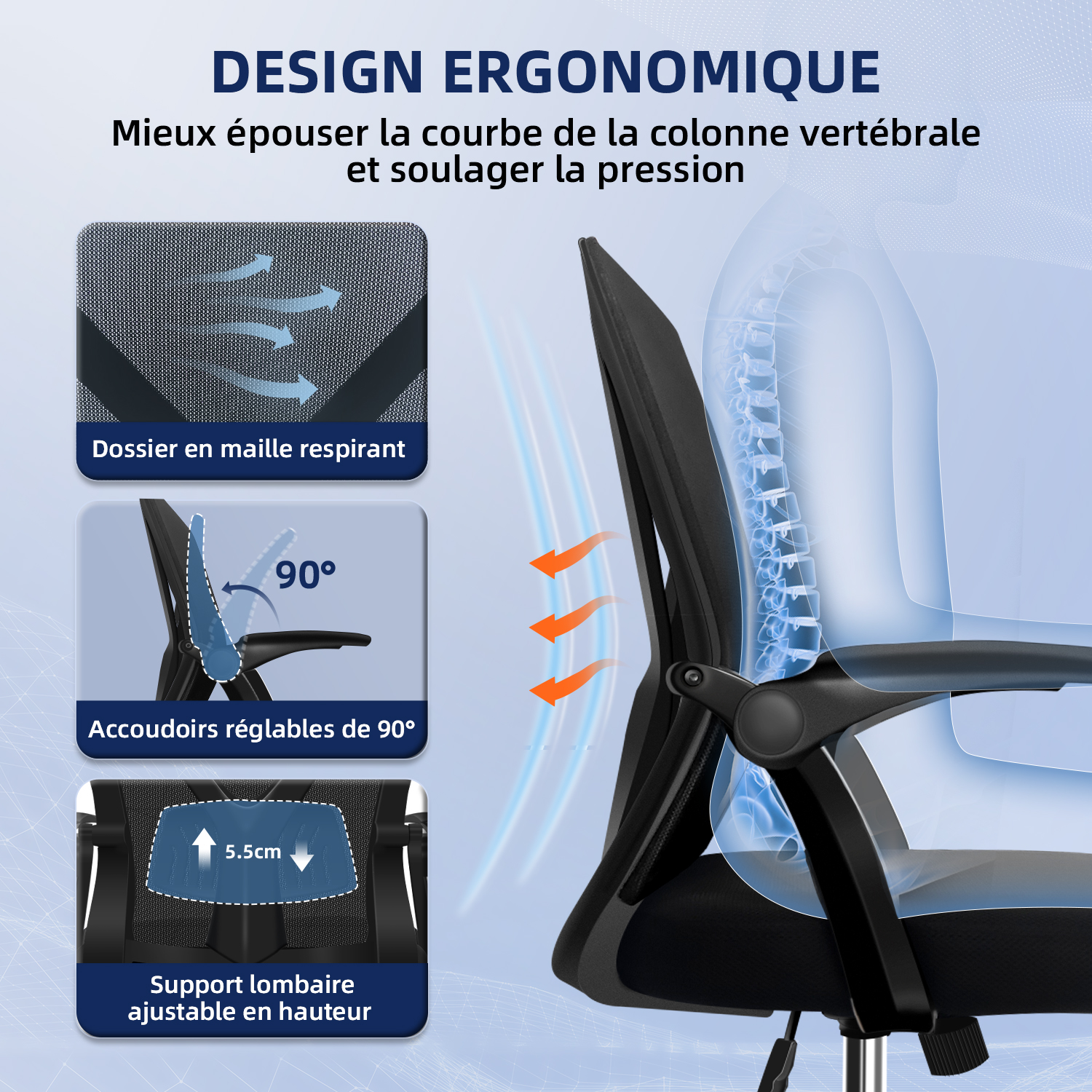 -110€ sur Fauteuil de Bureau Inclinable, Réglable en Hauteur de 10cm ...