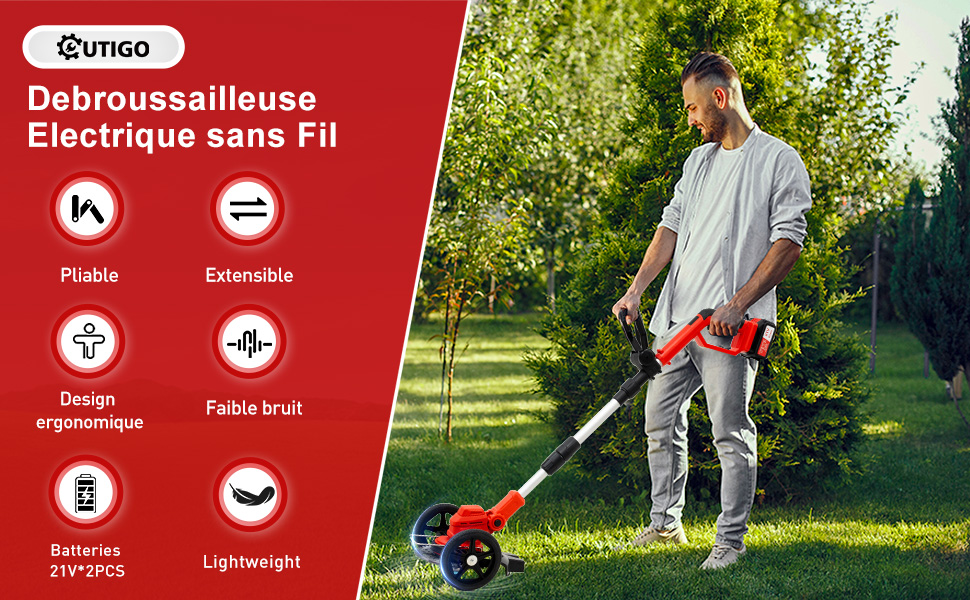 Debroussailleuse Electrique sans Fil Pliable OUTIGO, 2 * 4000mAh ...